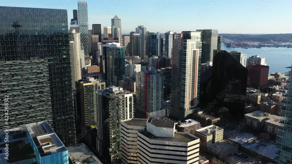 Cinematic aerial drone footage of downtown Seattle, Pike Pine Retail ...