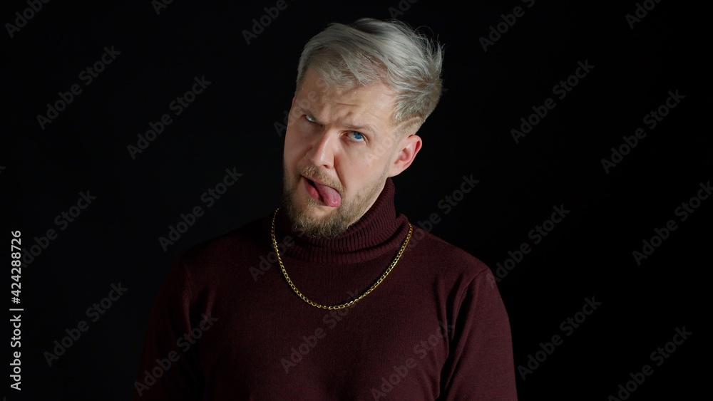 Stupid comical stylish man with blue eyes in trendy clothes making ...