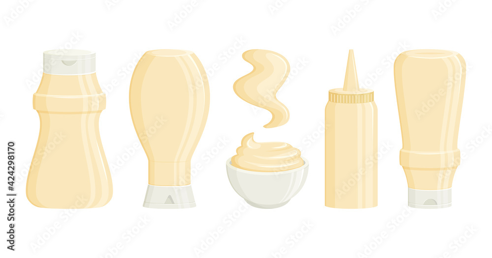 Mayonnaise vector bottles, sauce jar and bowl. 3d cartoon mayo ...