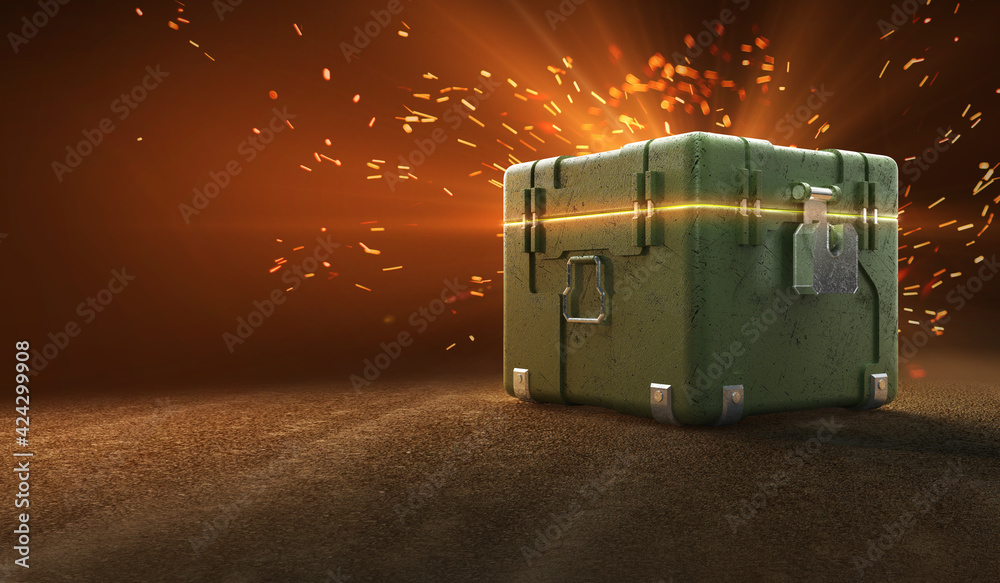 army box with loot boxes and glow inside. text box. 3d rendering Stock ...