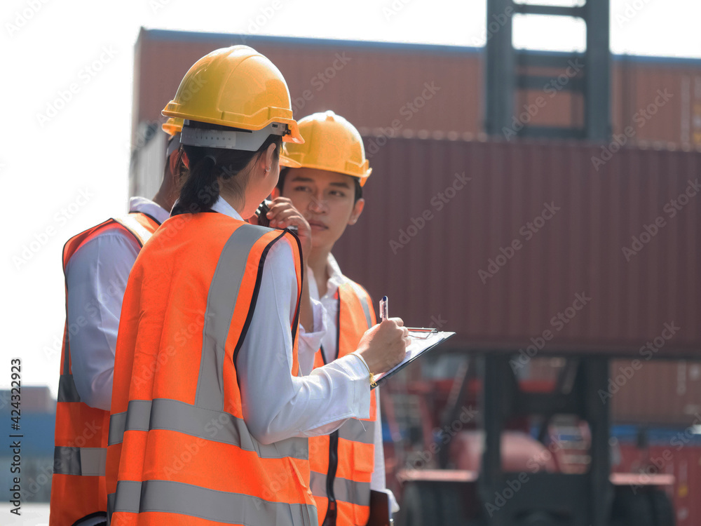 Warehouse cargo container red color forklift crane trade engineer ...