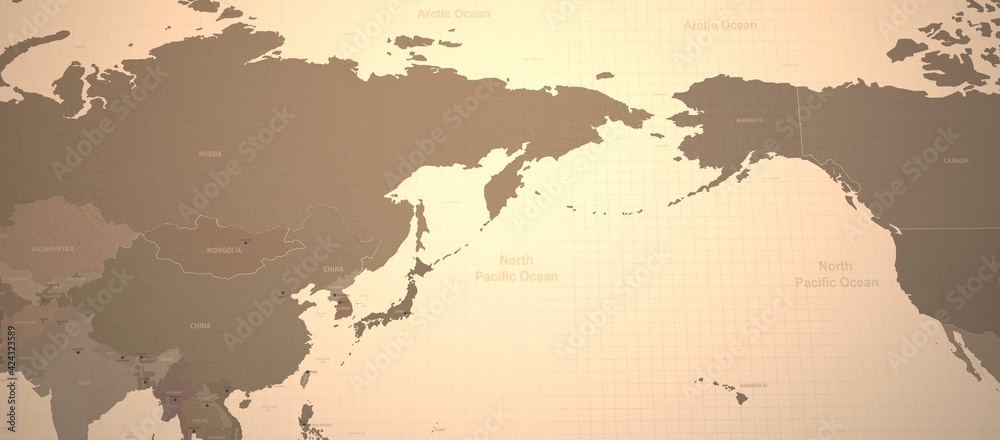 North pacific-arctic ocean and neighboring countries map. Old map 3d ...