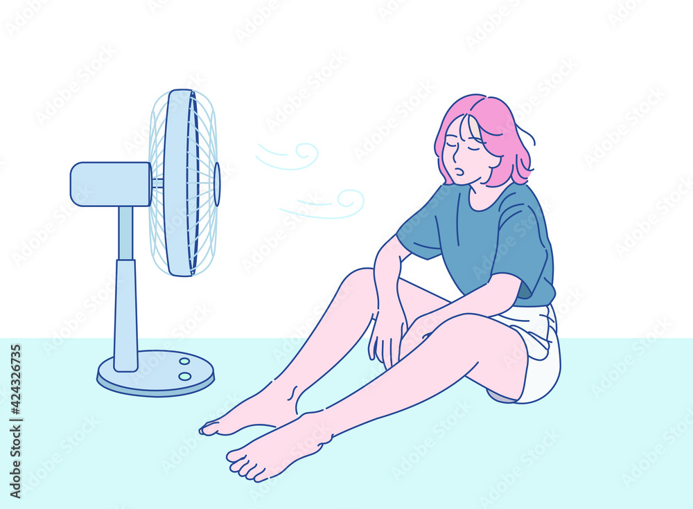 A girl is sitting in front of a fan to cool off. hand drawn style ...