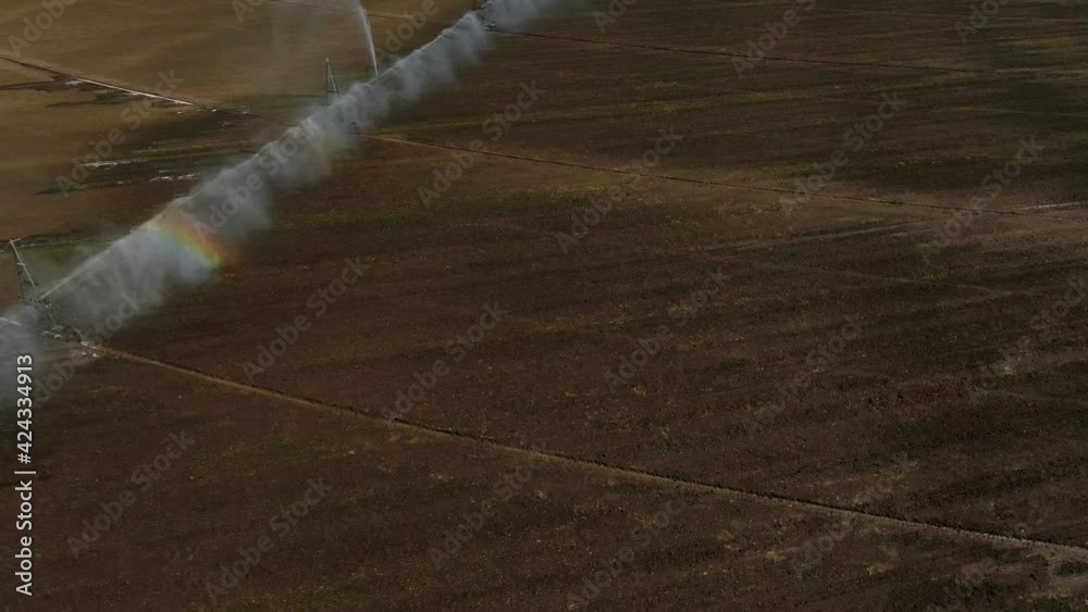 Irrigation system on agricultural land. A large stream of water to ...
