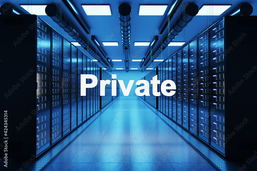 private logo in large modern data center with multiple rows of network ...