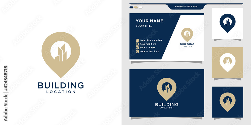 Building location logo design with pin concept. Logo and business card ...