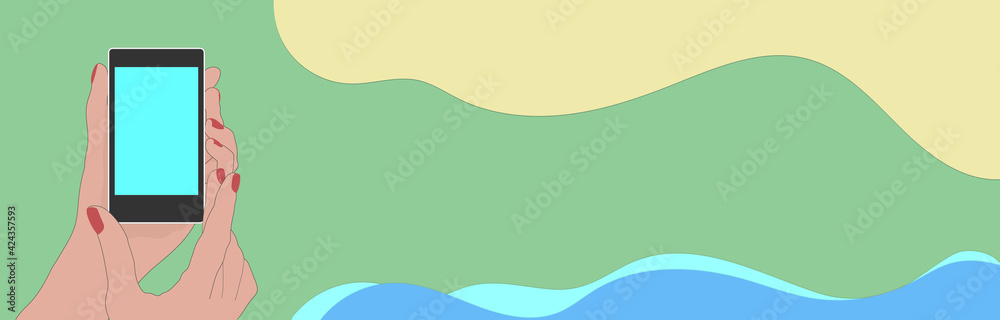 Female hand holding a smartphone with both hands. cellphone, vector ...