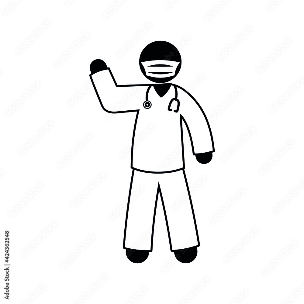 nurse isolated icon, stick figure medical worker, stickman raised his ...