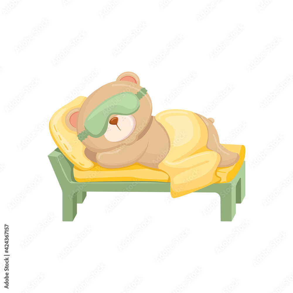 Cute cartoon baby bear sleeping under the yellow blanket in black out ...