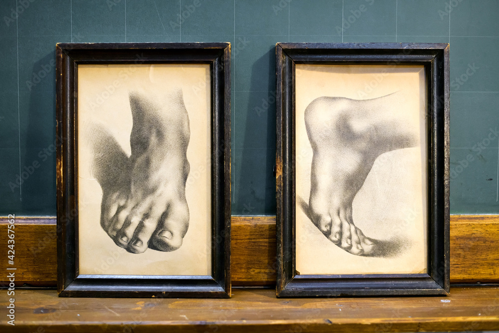 Set of two vintage drawings of human feet in different orientations ...
