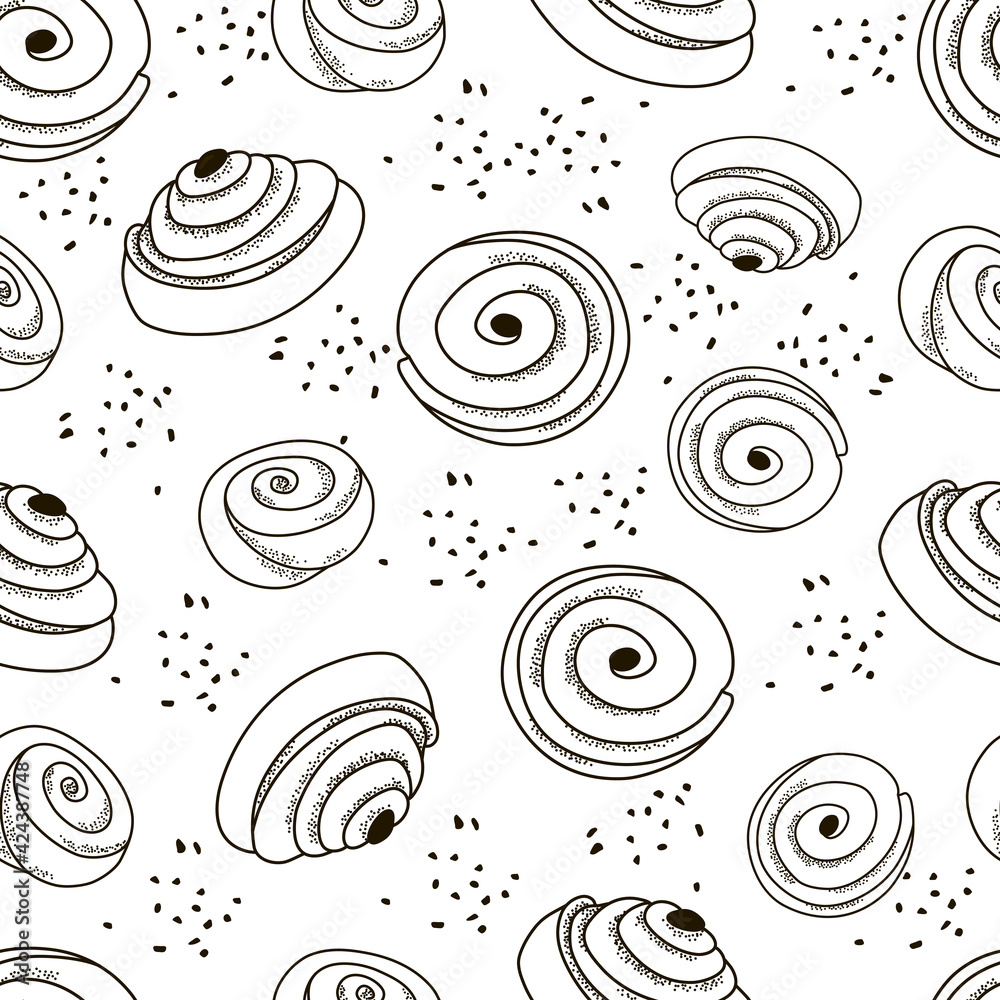 Seamless pattern of the cinnamon roll outline. Cartoon vector ...