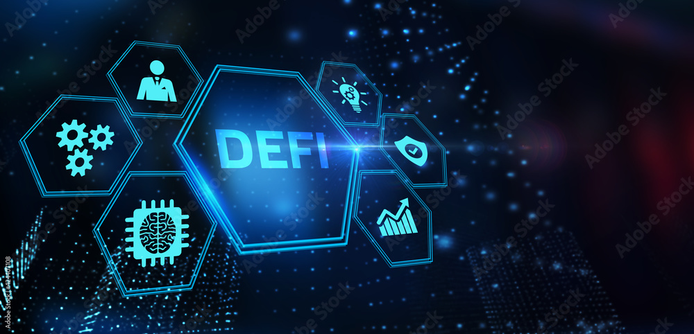 DeFi -Decentralized Finance on dark blue abstract polygonal background ...