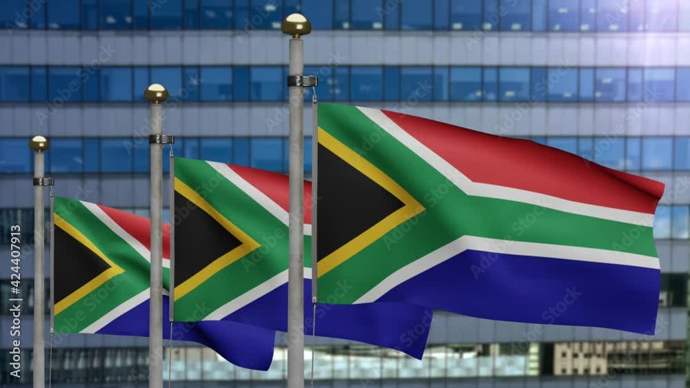 3D illustration African RSA flag waving in a modern skyscraper city ...