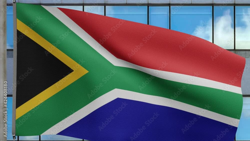 3D illustration African RSA flag waving in a modern skyscraper city ...