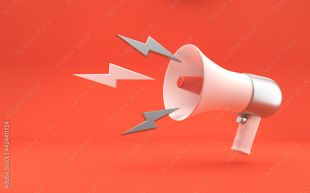 Megaphone with with loud voice symbols and copy space on bright red ...