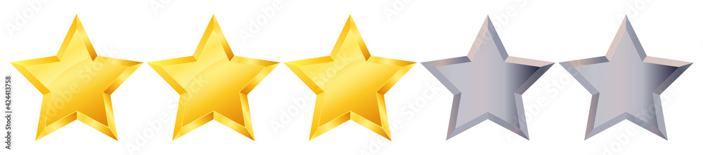 Three 3 star rank sign. Glossy golden star sticker icon rating isolated ...