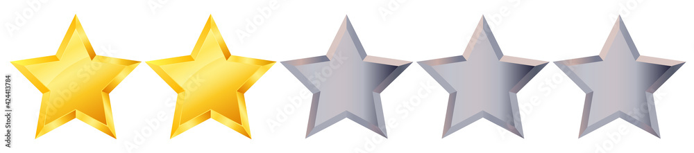 Two 2 star rank sign. Glossy golden star sticker icon rating isolated ...