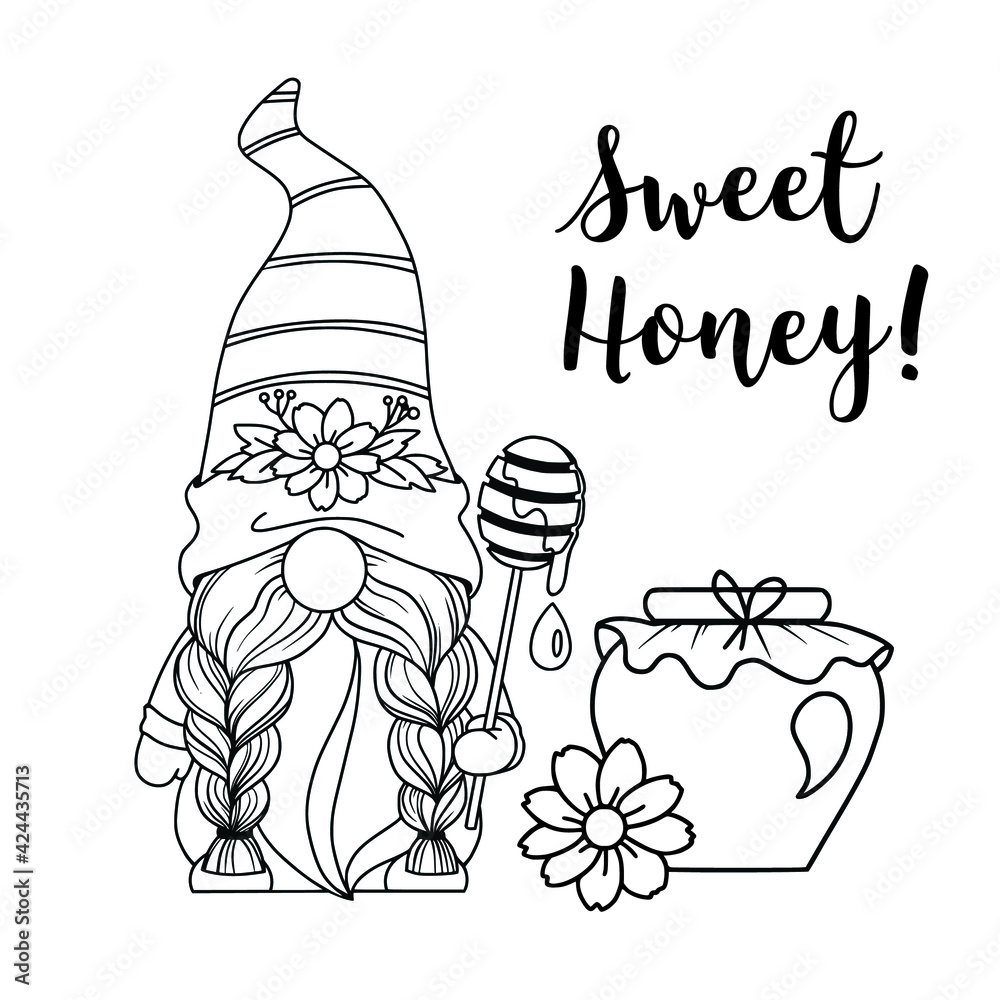 Gnome bee with honey, gnome with honey dipper, hello spring hello ...