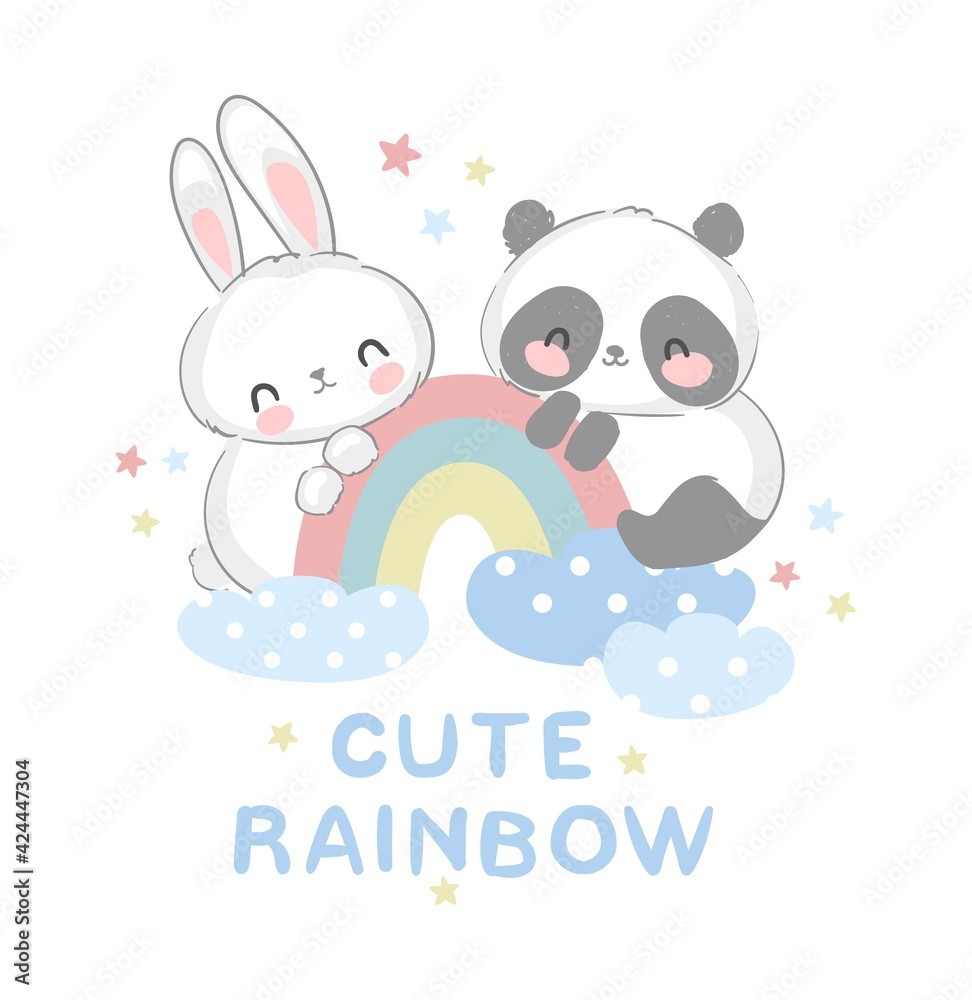 Cute Panda Bear and Bunny vector illustration hand drawn panda and ...