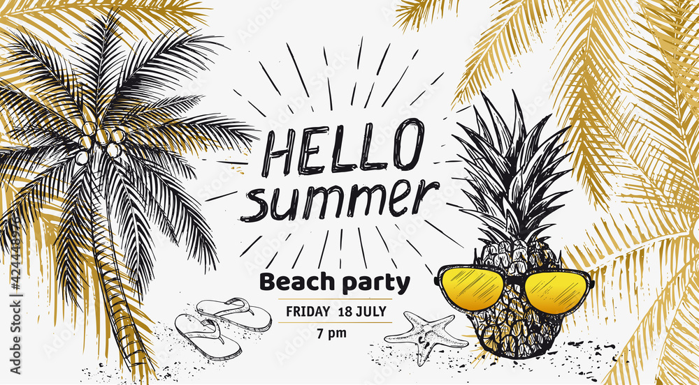 Hello PARTY, palm tree, glasses, pineapple. Hand drawn illustration ...