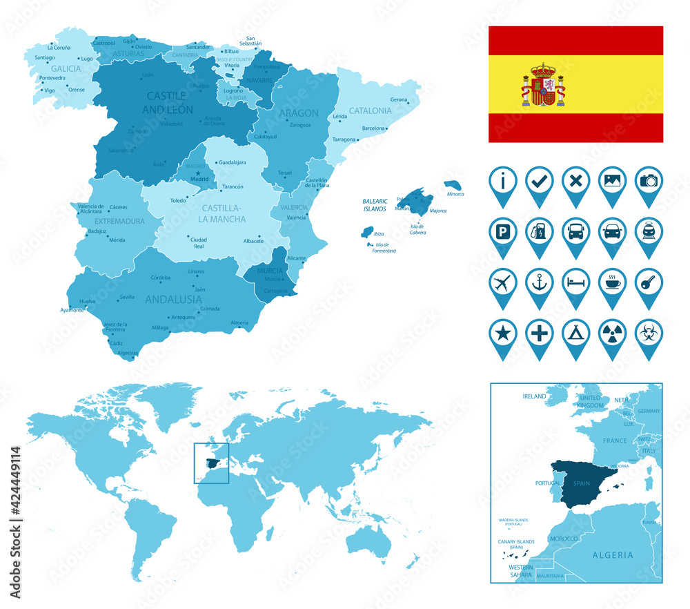Spain detailed administrative blue map with country flag and location ...