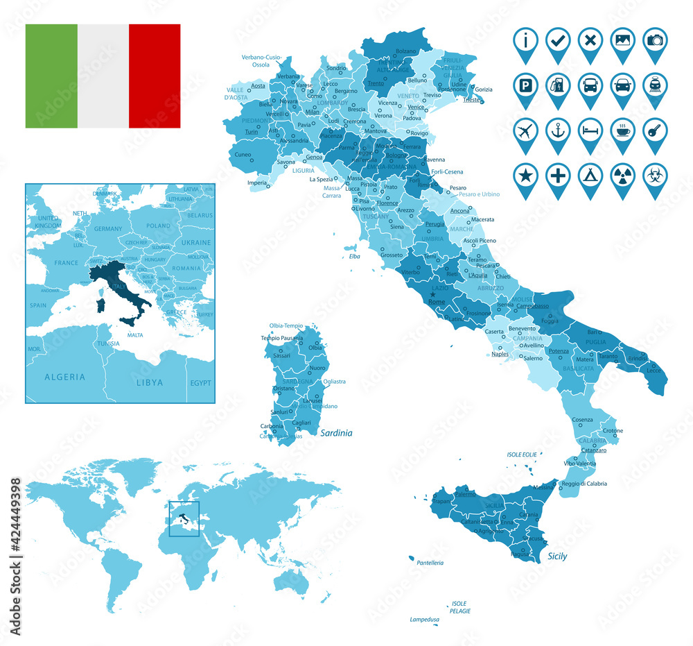 Italy detailed administrative blue map with country flag and location ...