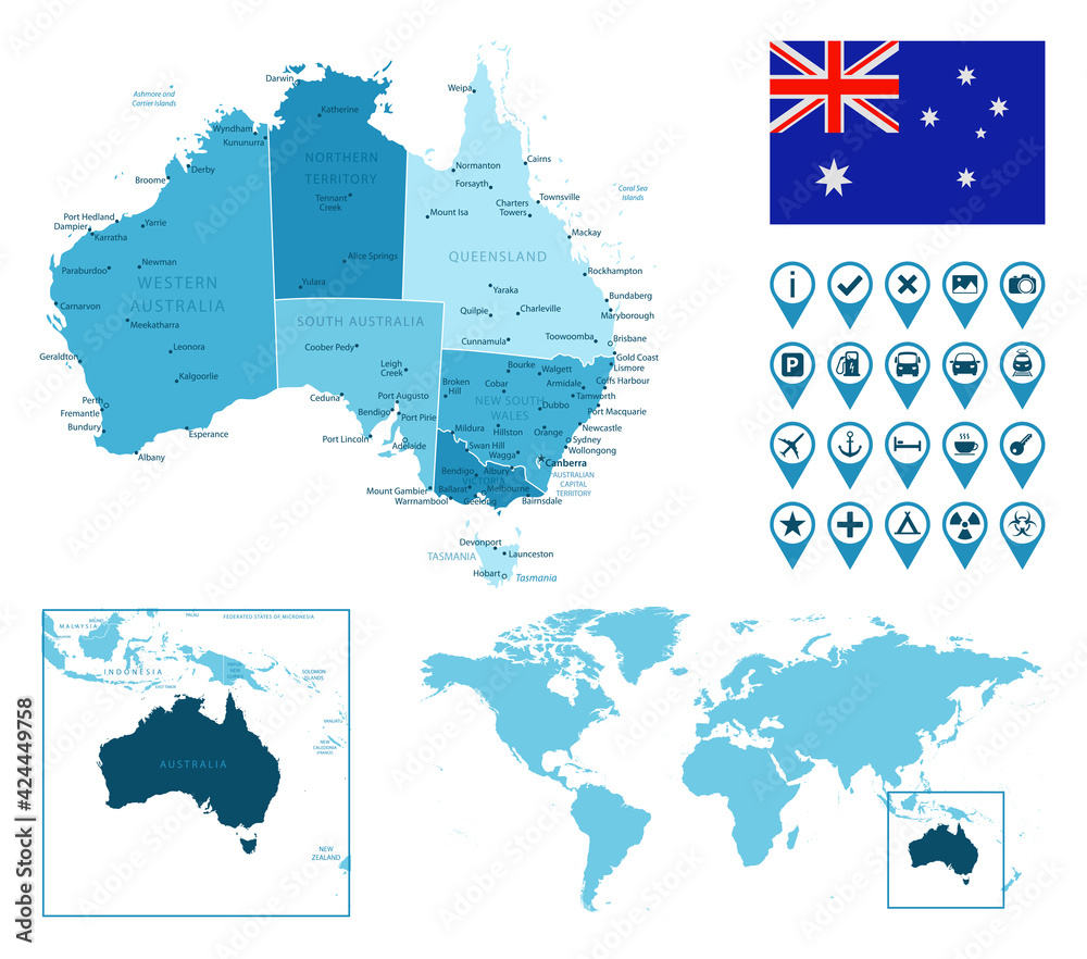 Australia detailed administrative blue map with country flag and ...