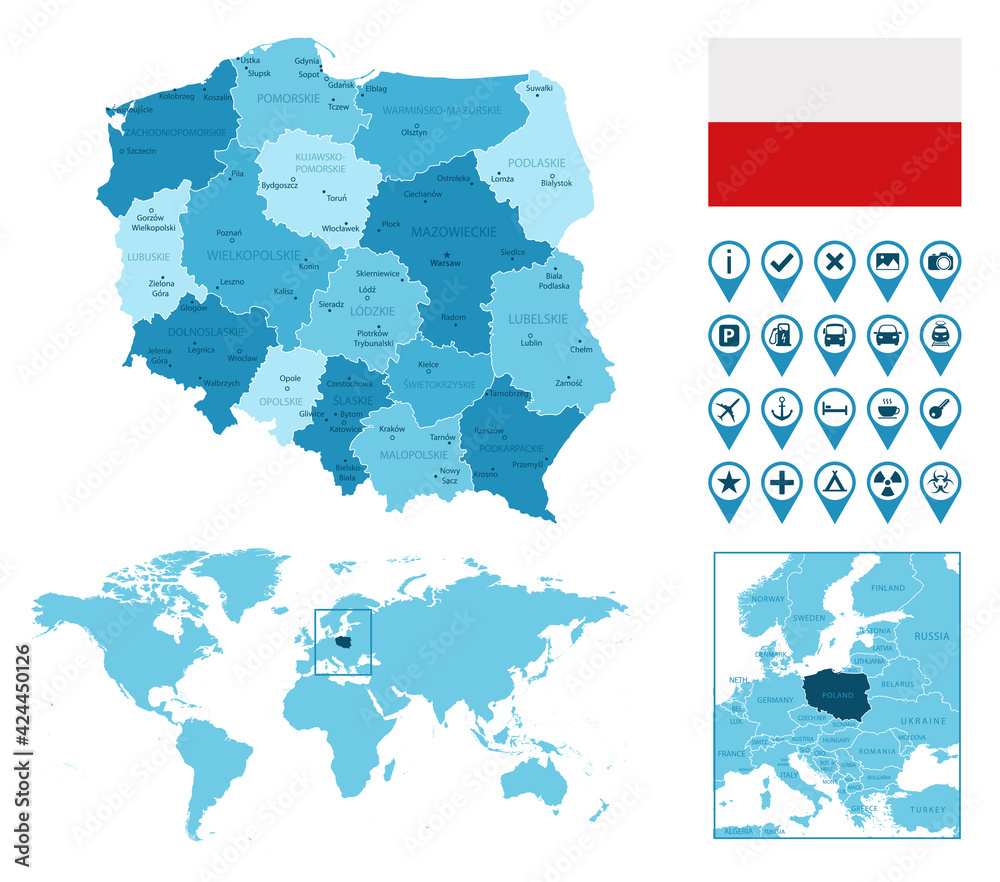 Poland detailed administrative blue map with country flag and location ...