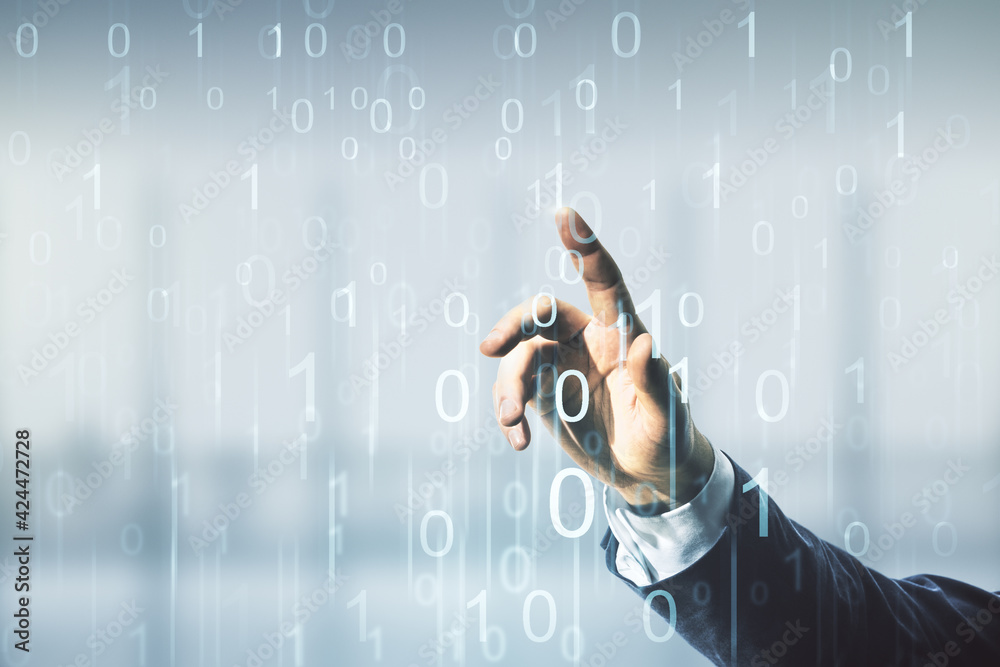 Man hand clicks on abstract virtual binary code hologram on blurred ...
