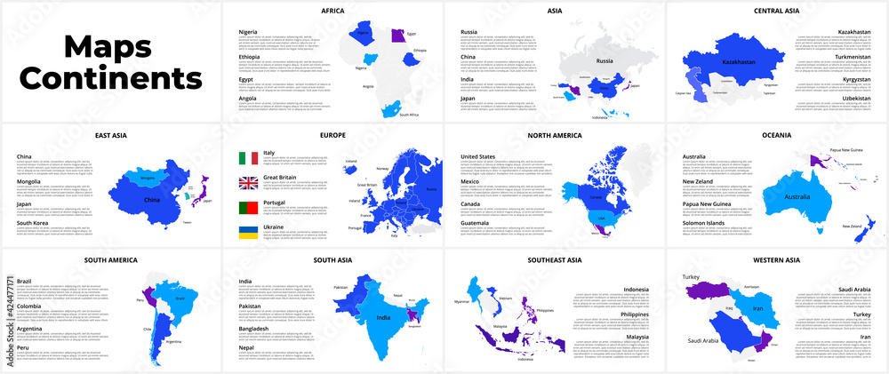 Continents vector maps country infographics set. Slides presentation ...