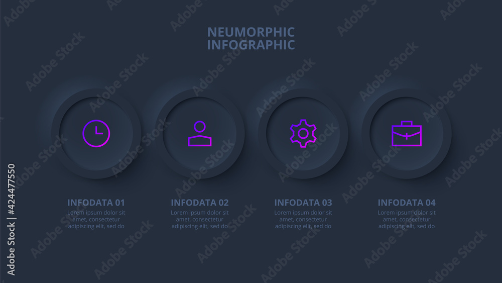Dark neumorphic rings infographic. Template for diagram, graph ...