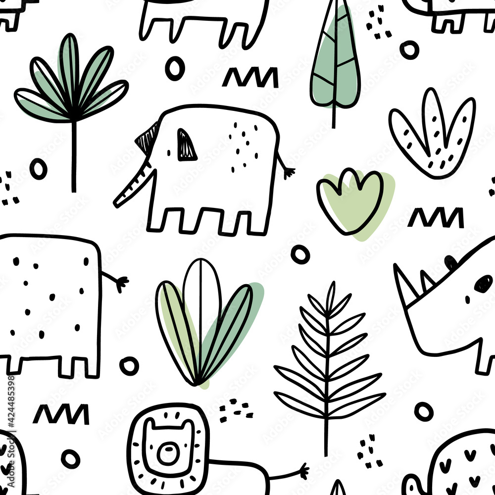 Vector seamless hand drawn doodle pattern with safari animals and ...