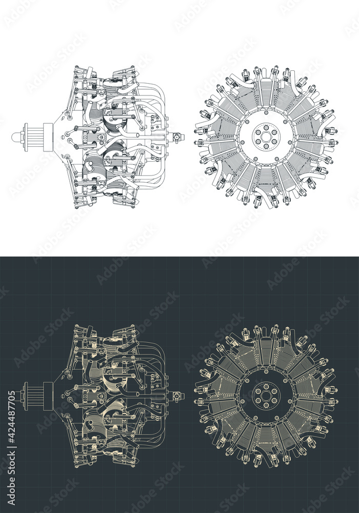 Aircraft radial engine blueprints Stock Vector | Adobe Stock