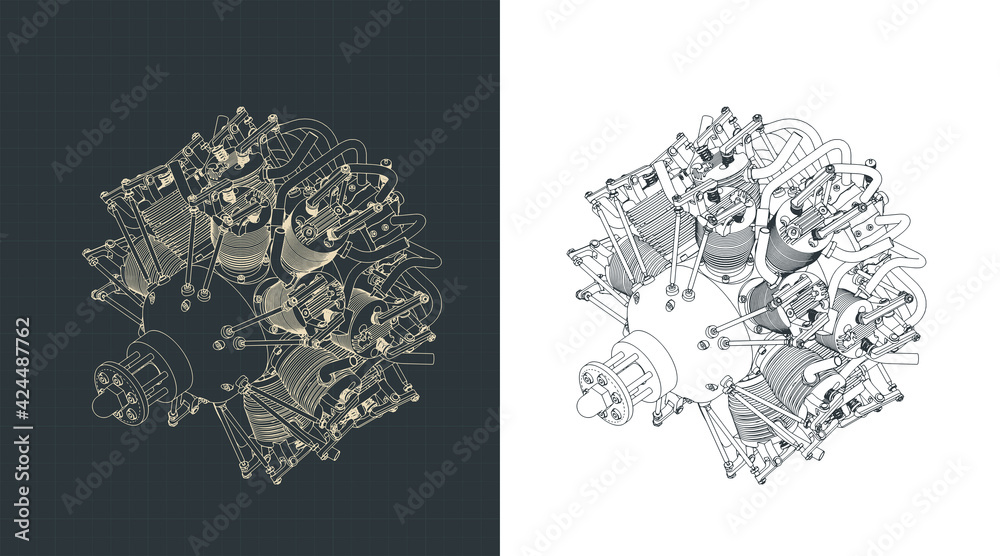 Aircraft radial engine isometric drawing Stock Vector | Adobe Stock