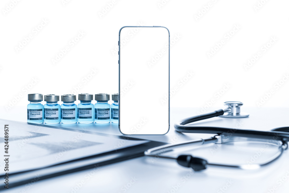 Cellphone mockup. Syringe with needle, hospital healthcare charts ...