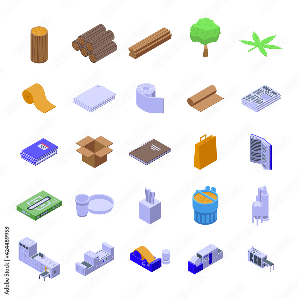 Paper production icons set. Isometric set of paper production vector ...