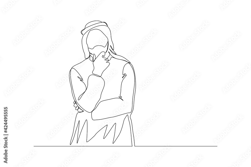 Continuous line drawing of Islamic arabic pensive male standing looking ...