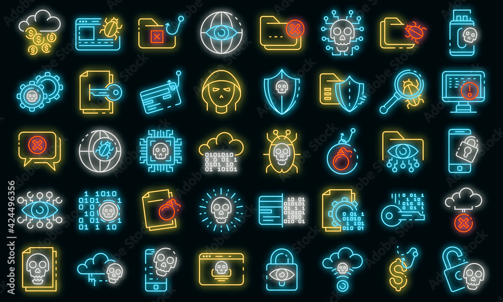 Cyber attack icons set. Outline set of cyber attack vector icons neon ...
