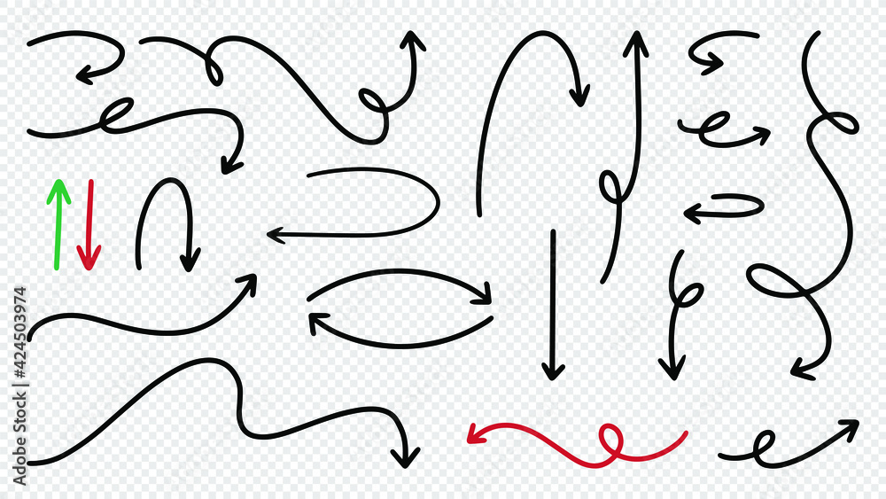 Hand drawn wavy arrows collection on transparent background Stock ...