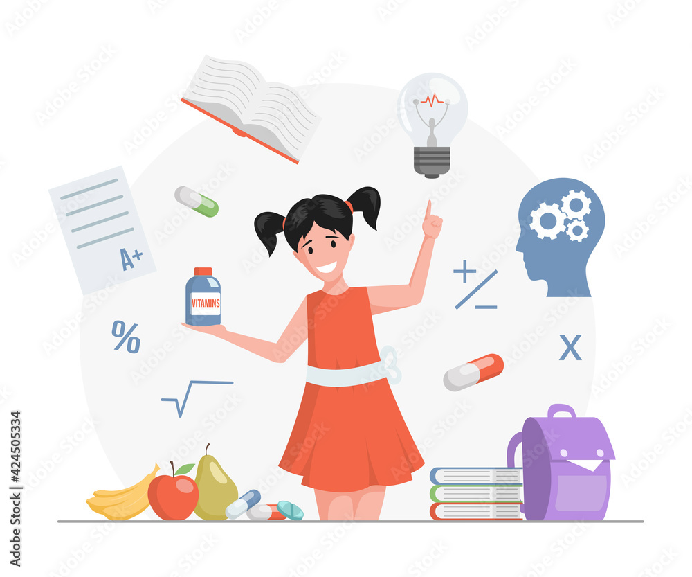 Happy girl in red dress holding plastic bottle with vitamins vector ...