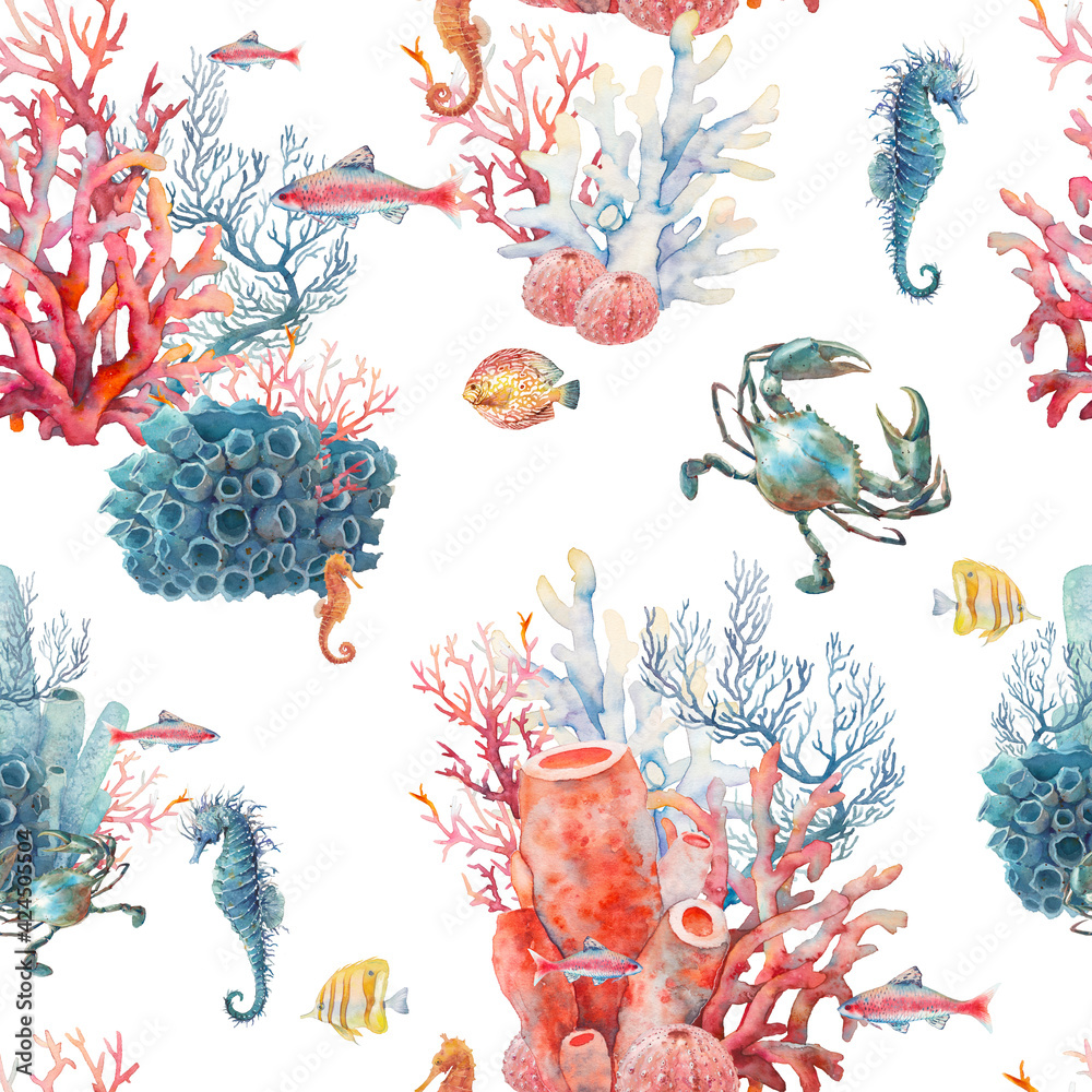 Watercolor coral reef seamless pattern. Hand drawn realistic background ...
