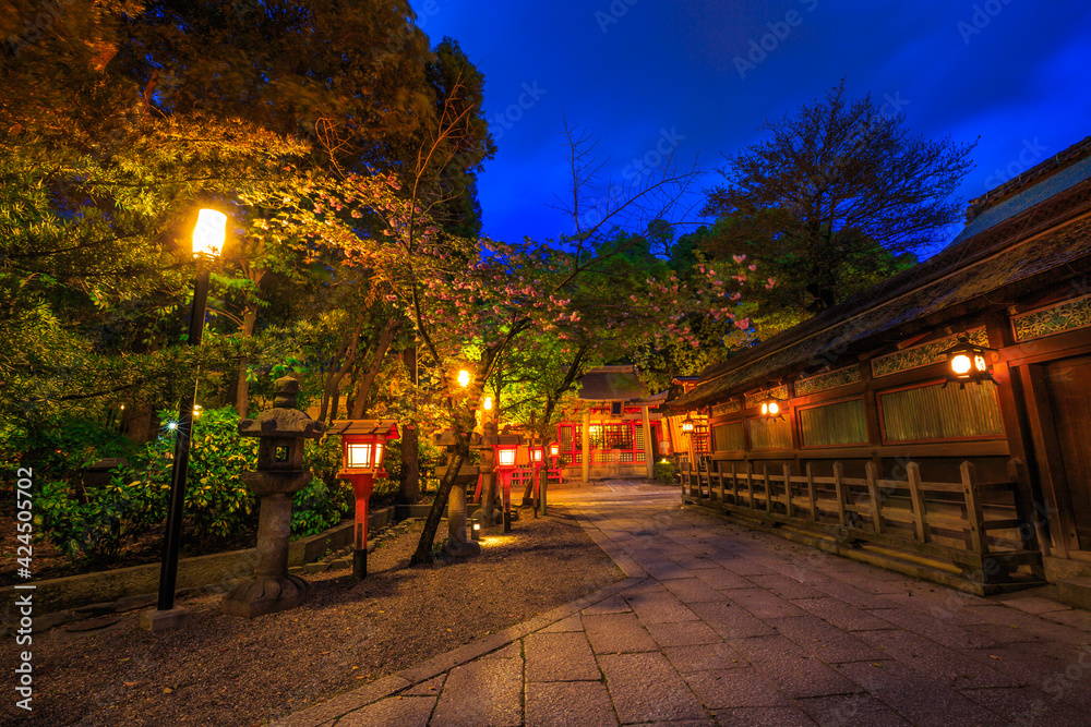 Kyoto, Japan - April 25, 2017: red lanterns Illuminated path at night ...
