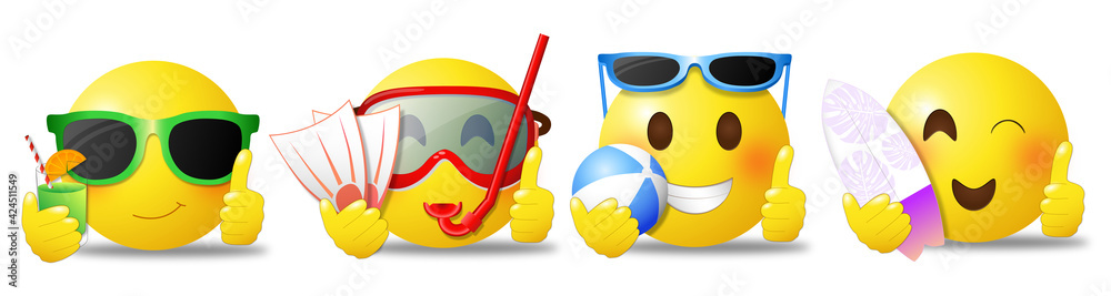 Summer emoji set with sunglasses, cocktail, beach ball, diving suit and ...