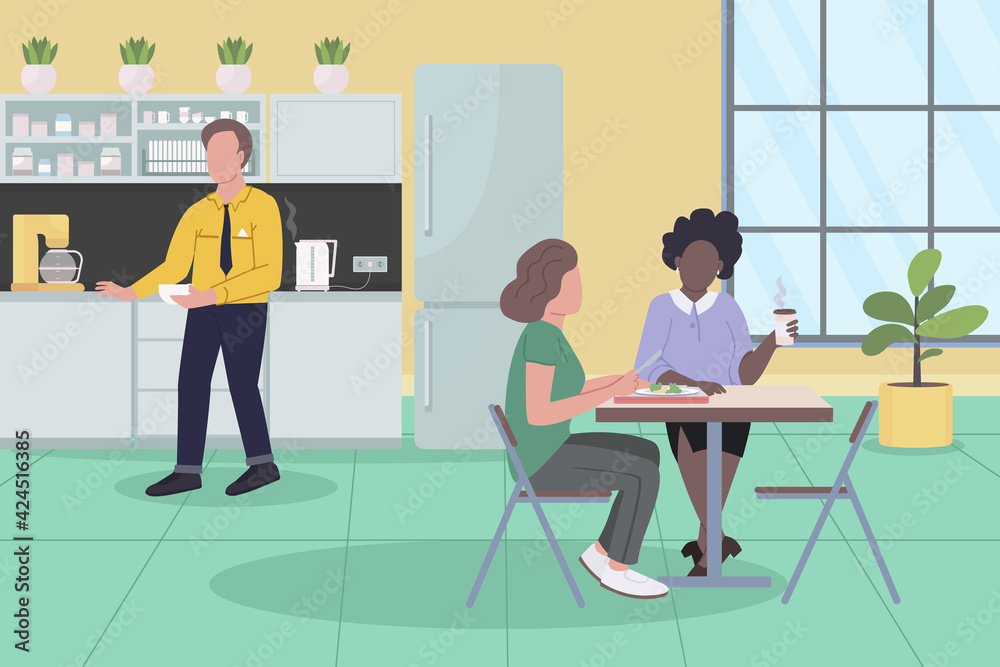 Office dinner break flat color vector illustration. Colleagues eat ...