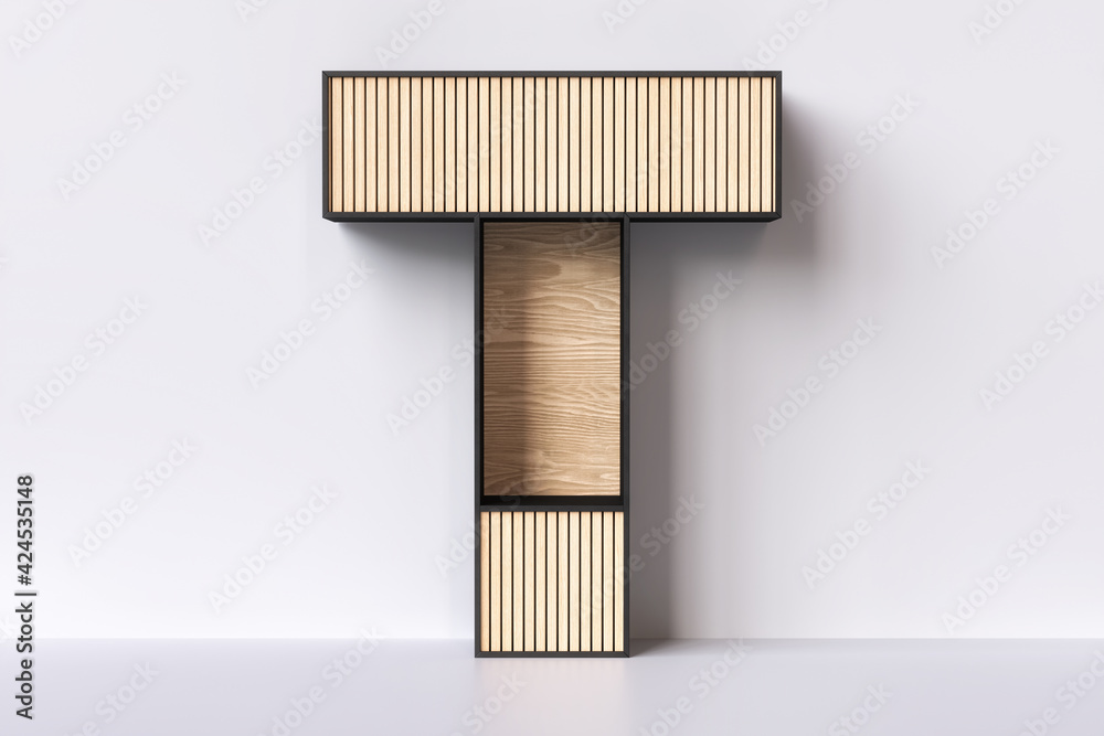 3D wood font alphabet letter T in the shape of a shelving. Oak timber ...