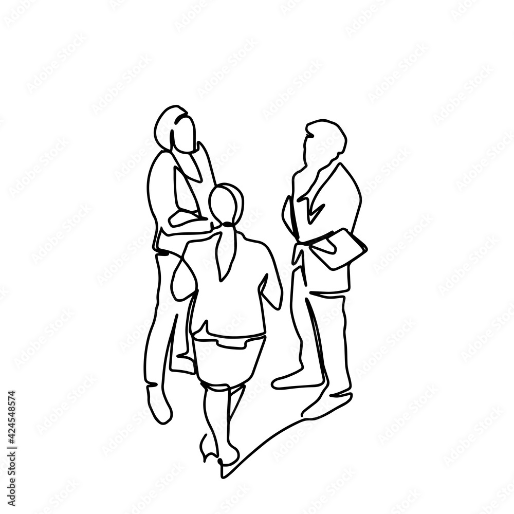 continuous line drawing of three employees talking about work ...
