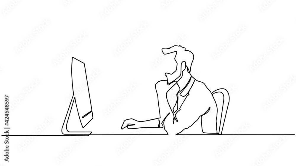 Continuous line drawing of business man sits in the office and thinks ...