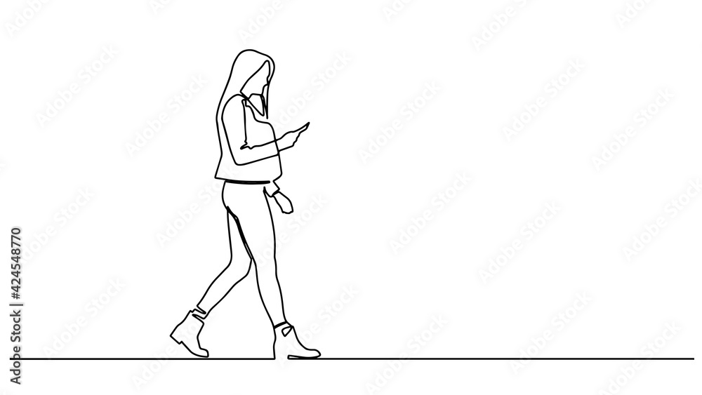 Continuous Line Drawing Of Walking Business Woman Speaking On Mobile