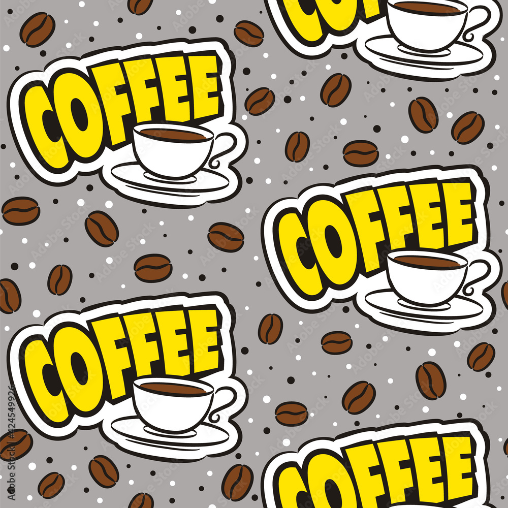 Seamless comic coffee pattern in pop art style. Cartoon Cup and coffee ...