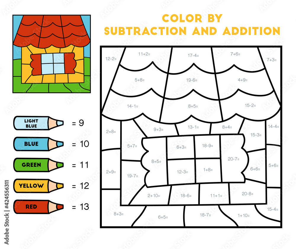 Color by addition and subtraction, education game for kids, House Stock ...